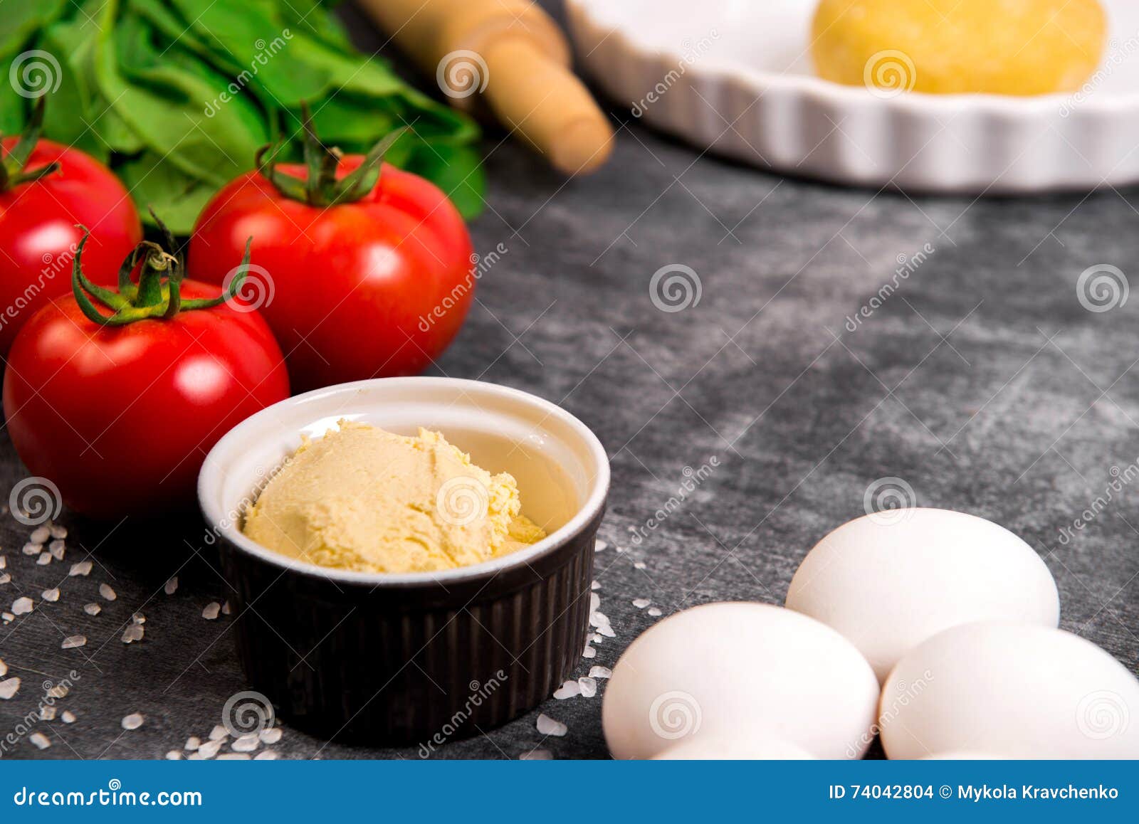 Vegetables and Dough Over Grey Wooden Background Stock Photo - Image of ...