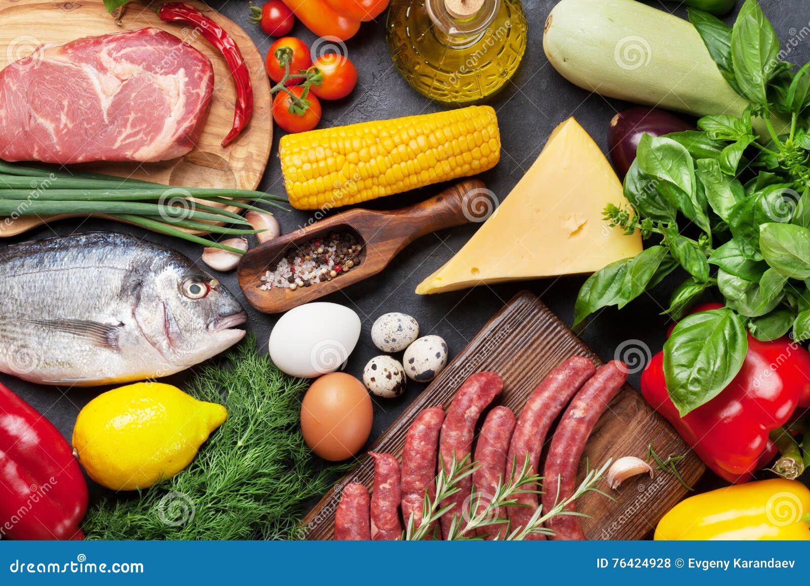 Vegetables, Fish, Meat and Ingredients Cooking Stock Photo - Image of ...
