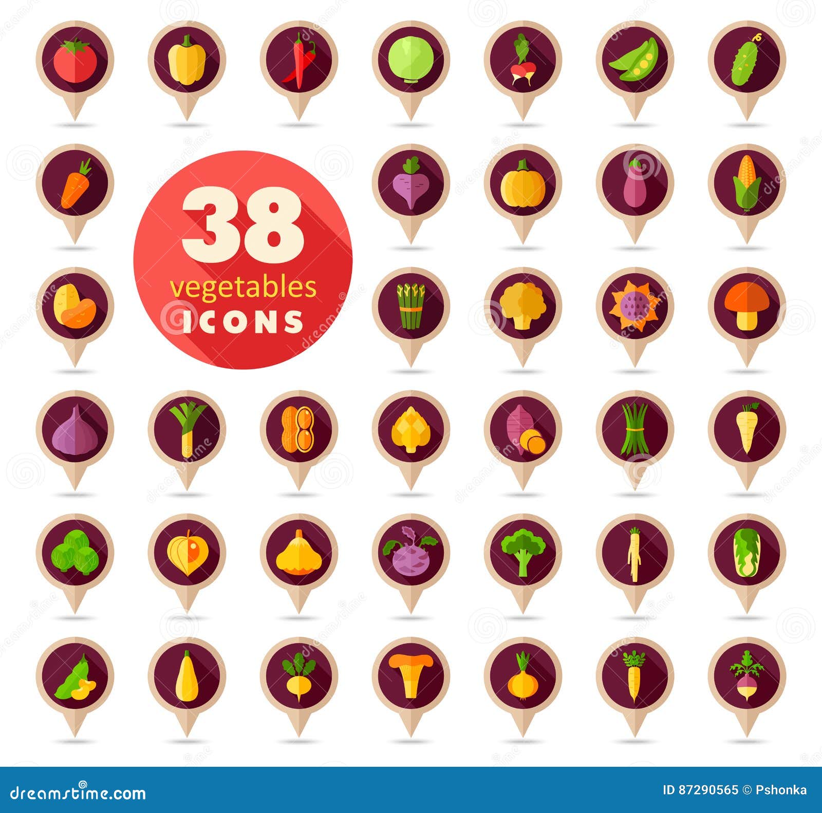 Vegetables Flat Retro Pin Map Icons Set Stock Vector - Illustration of ...