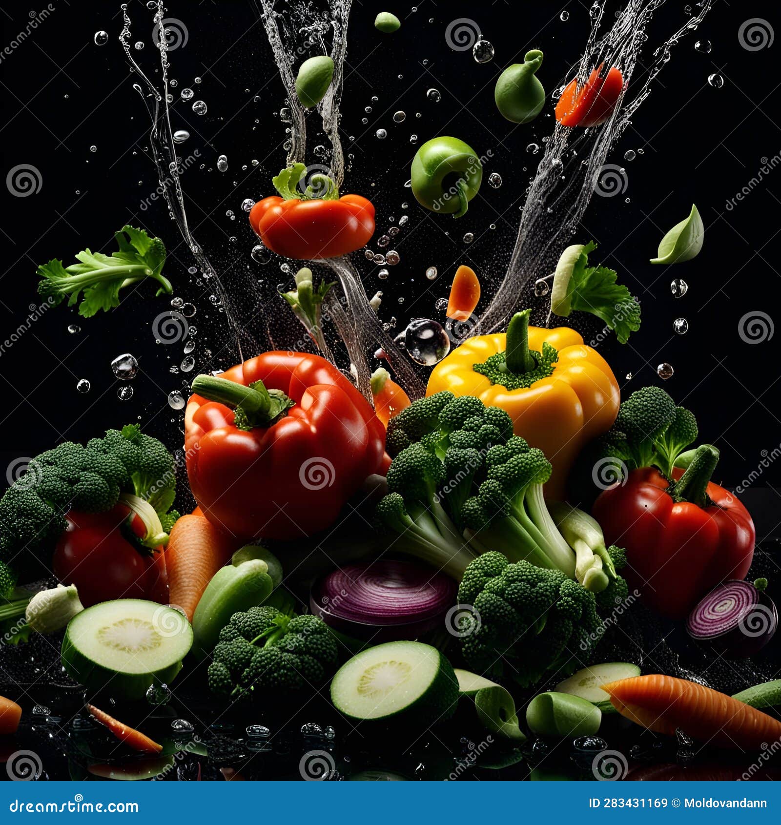 Vegetables Floating among Water Drops, Generative.ai Stock Illustration ...