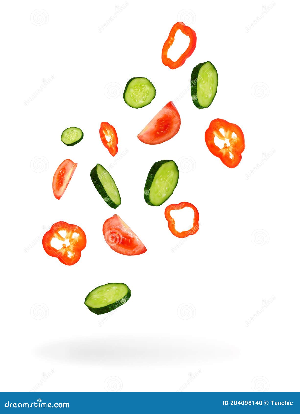 Vegetables are Flying, Pepper, Cucumber Tomato Slices are Falling ...
