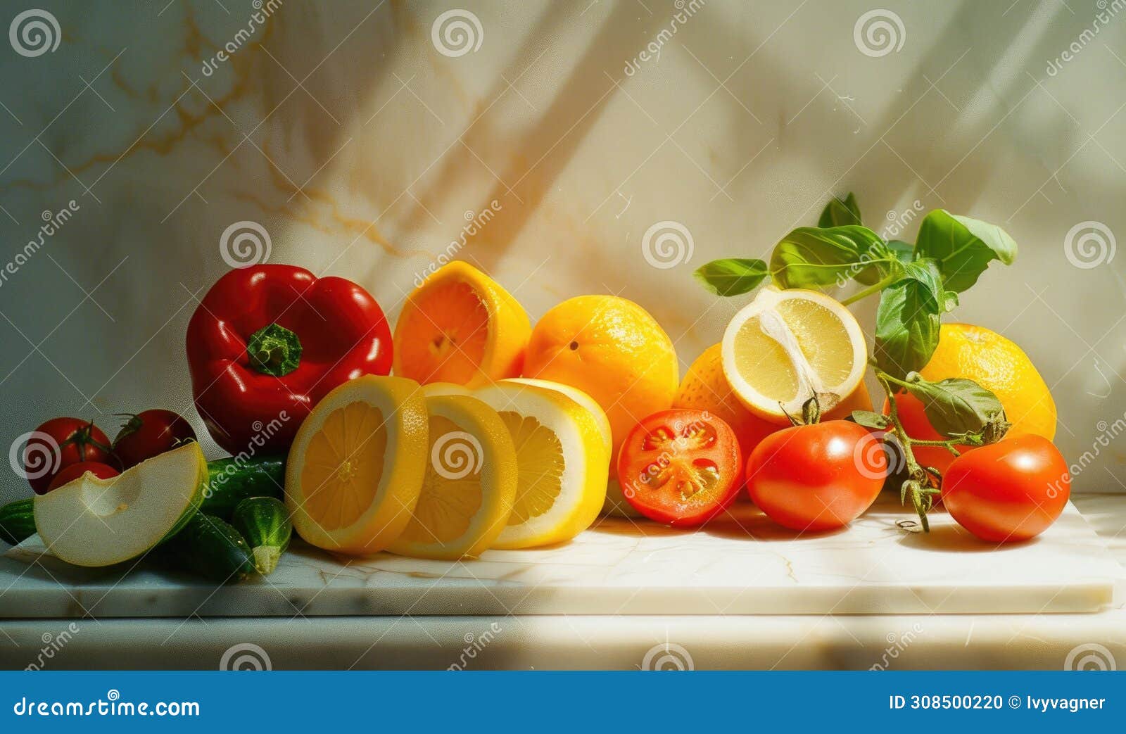 Vegetables and Fruits on a Wooden Table in the Rays of the Sun Stock ...