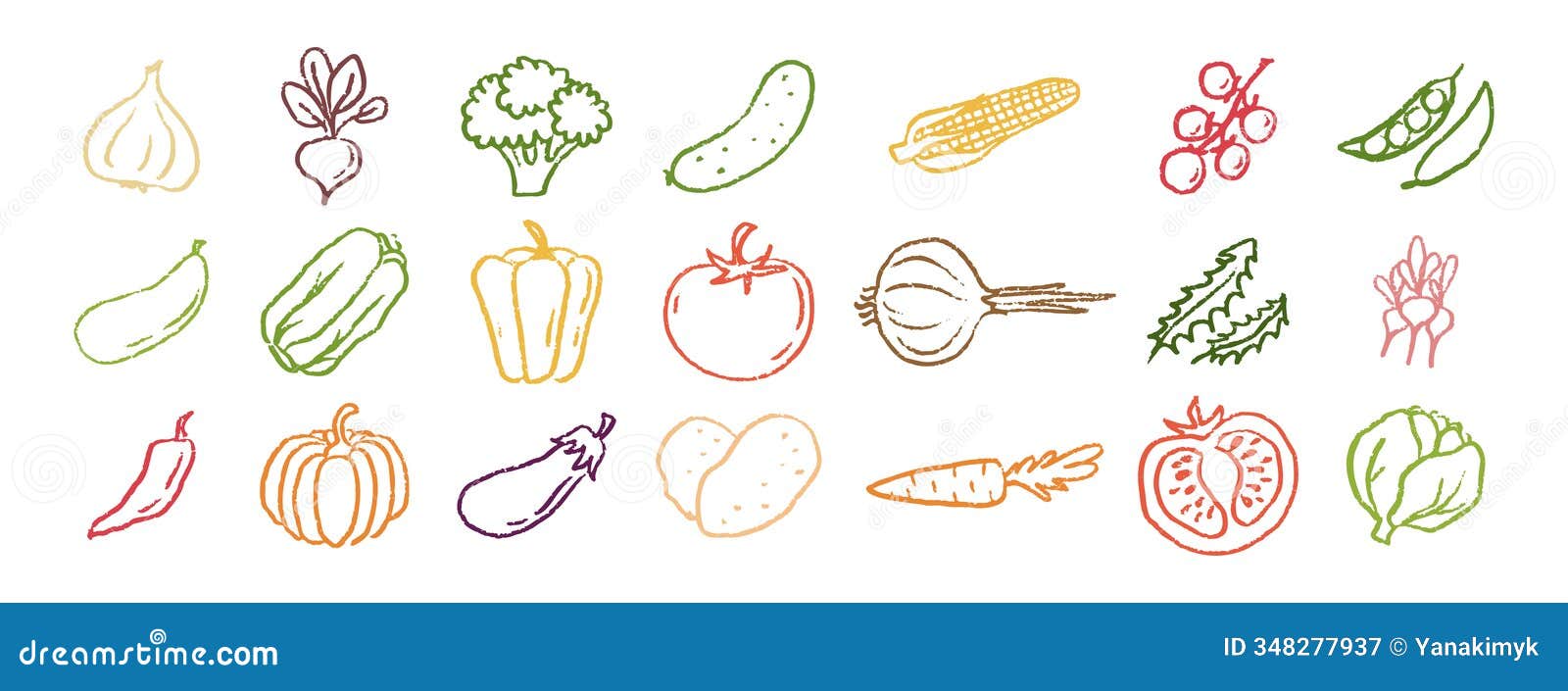 Vegetables Icons Chalk Hand Drawn Doodle Set. Drawing Crayon Vegetables ...