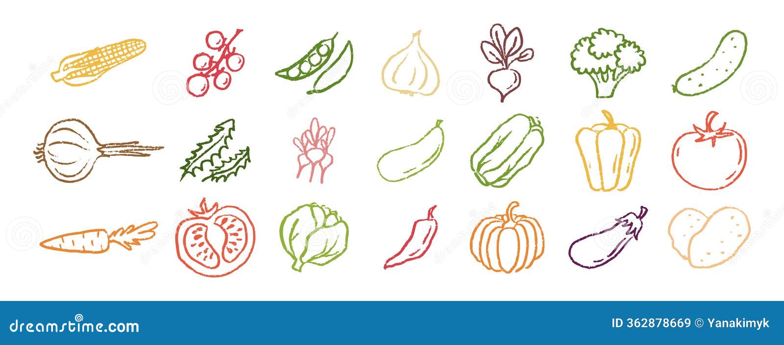 Vegetables Icons Chalk Hand Drawn Doodle Set. Drawing Crayon Vegetables ...
