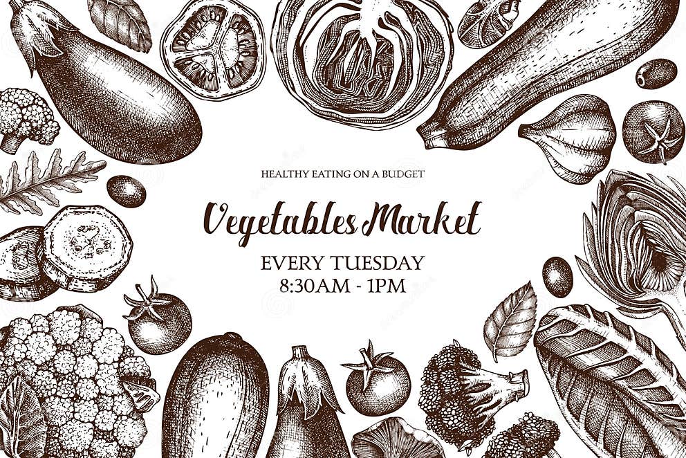 Vector Fresh Market Design Template. Vintage Frame with Hand Drawn ...