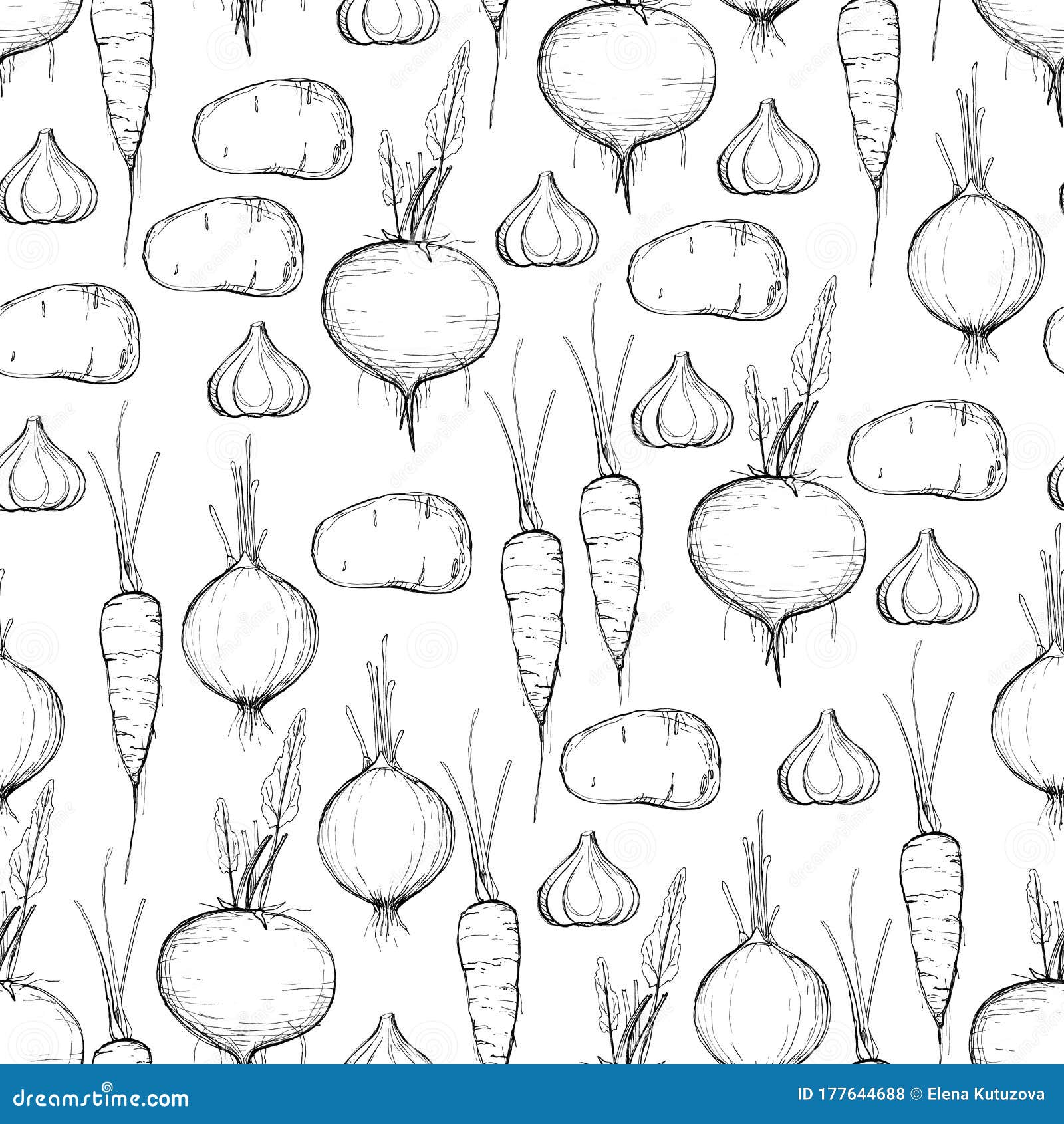 Vegetables Seamless Pattern on a White Background. Black-and-white ...