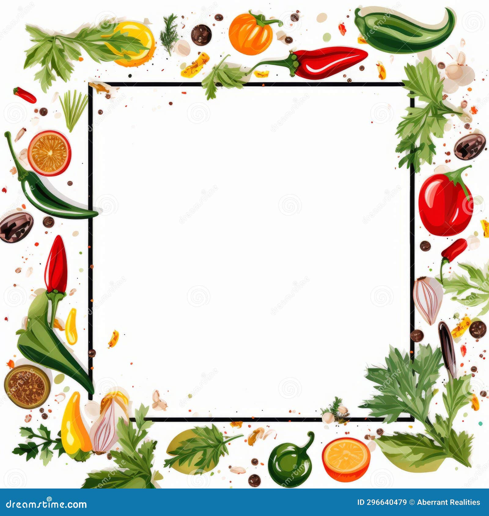 Vegetables and Spices in a Square Frame on a White Background Stock ...