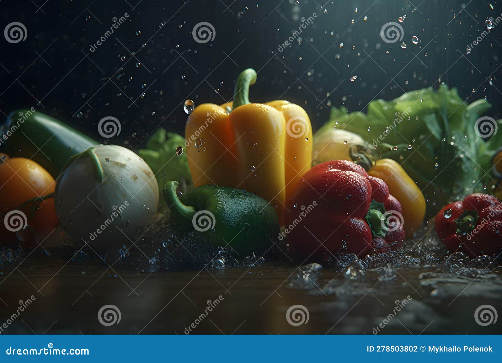 Vegetables Splash in Water on Black Background. Neural Network AI ...