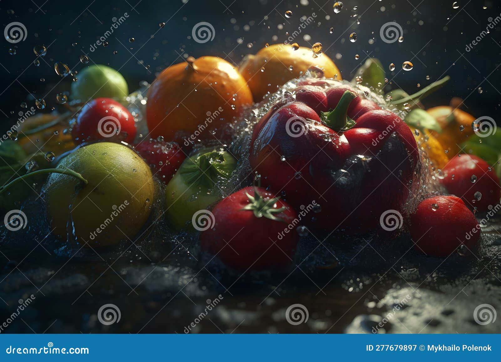 Vegetables Splash in Water on Black Background. Neural Network AI ...