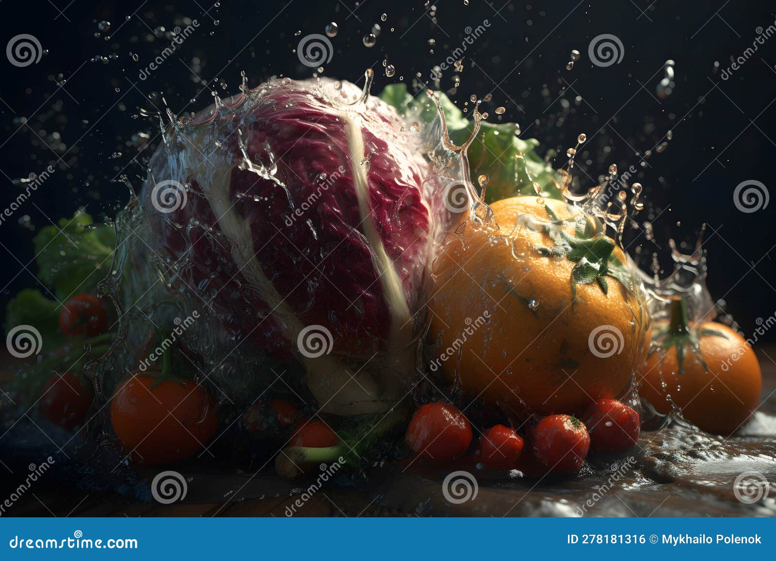Vegetables Splash in Water on Black Background. Neural Network AI ...