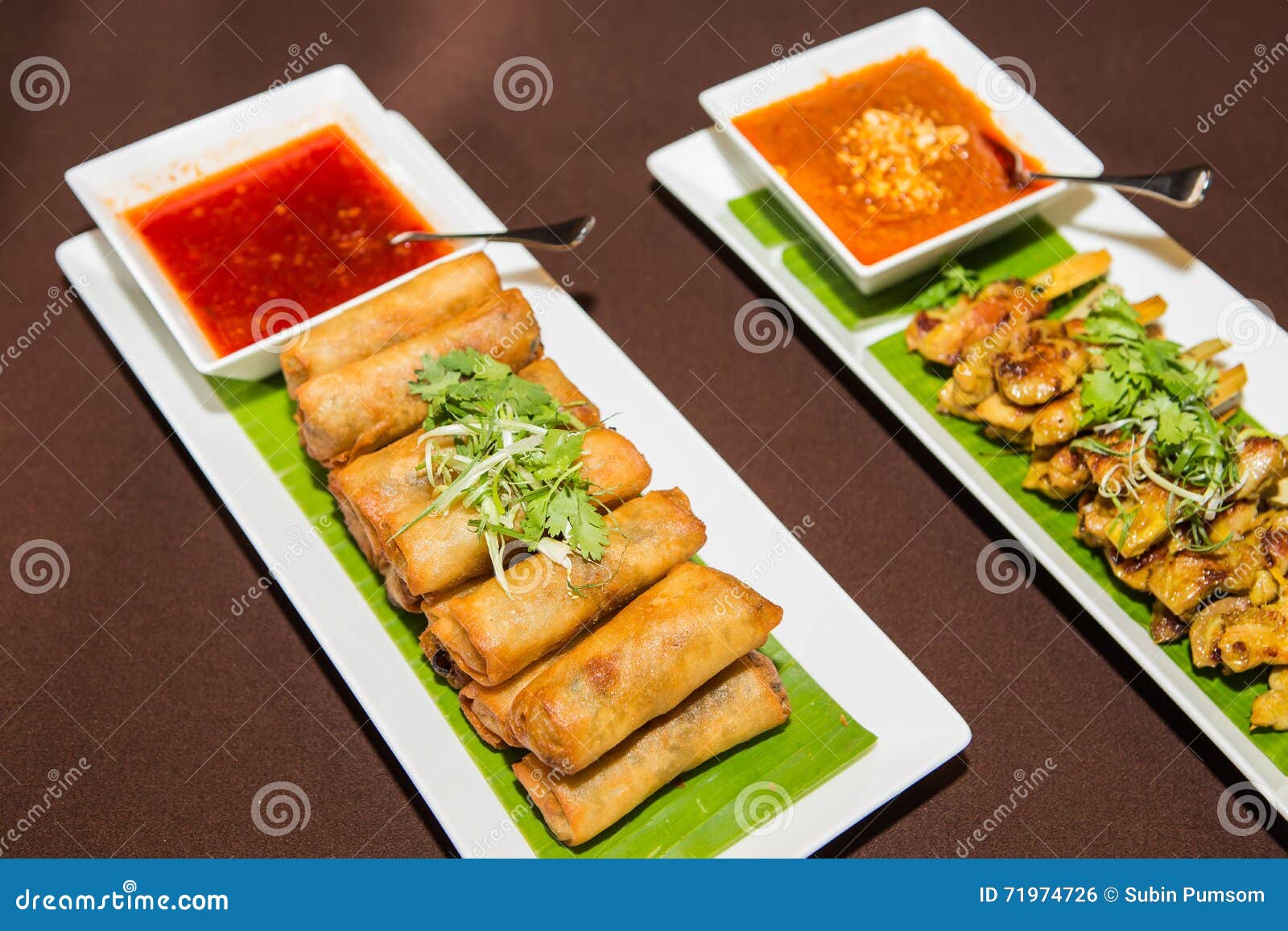 Vegetables Spring Roll and Chicken Satay Stock Photo - Image of asian ...