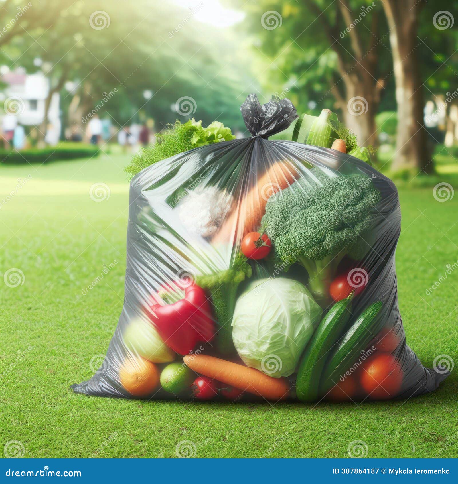 Vegetables Stacked in a Garbage Bag on a Green Lawn. Stock Image ...