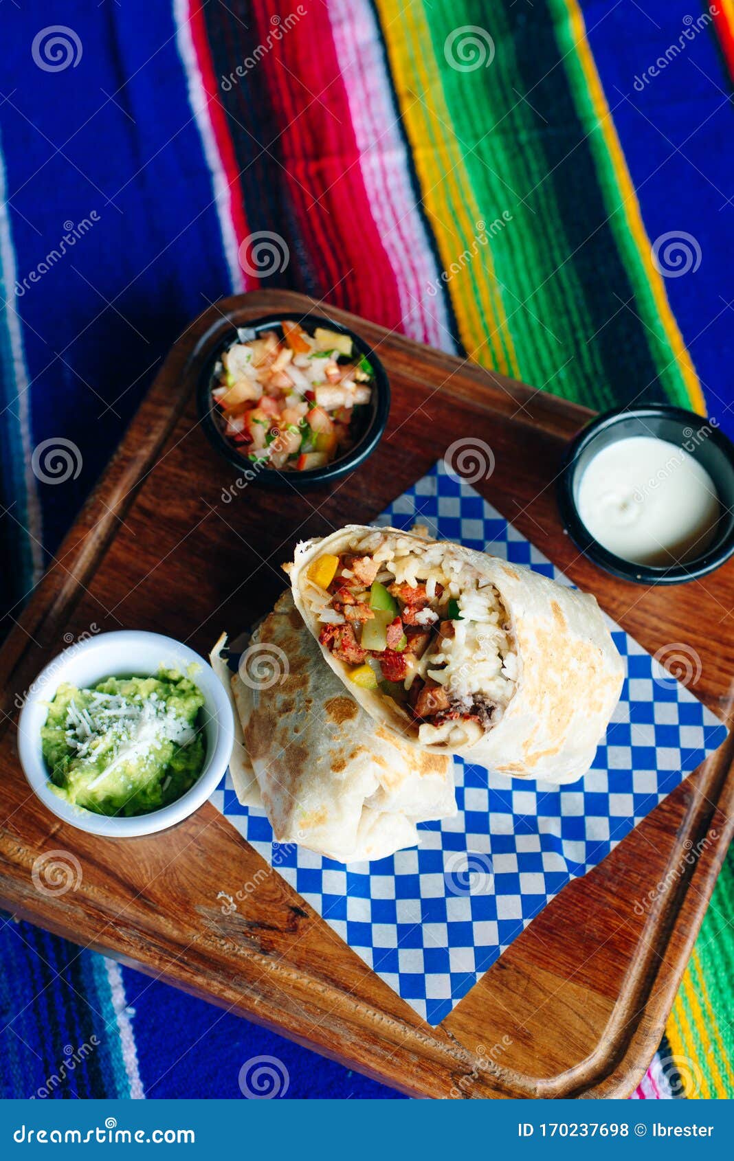 Vegetarian Breakfast Burrito with Eggs and Rice, Sauces Stock Photo ...