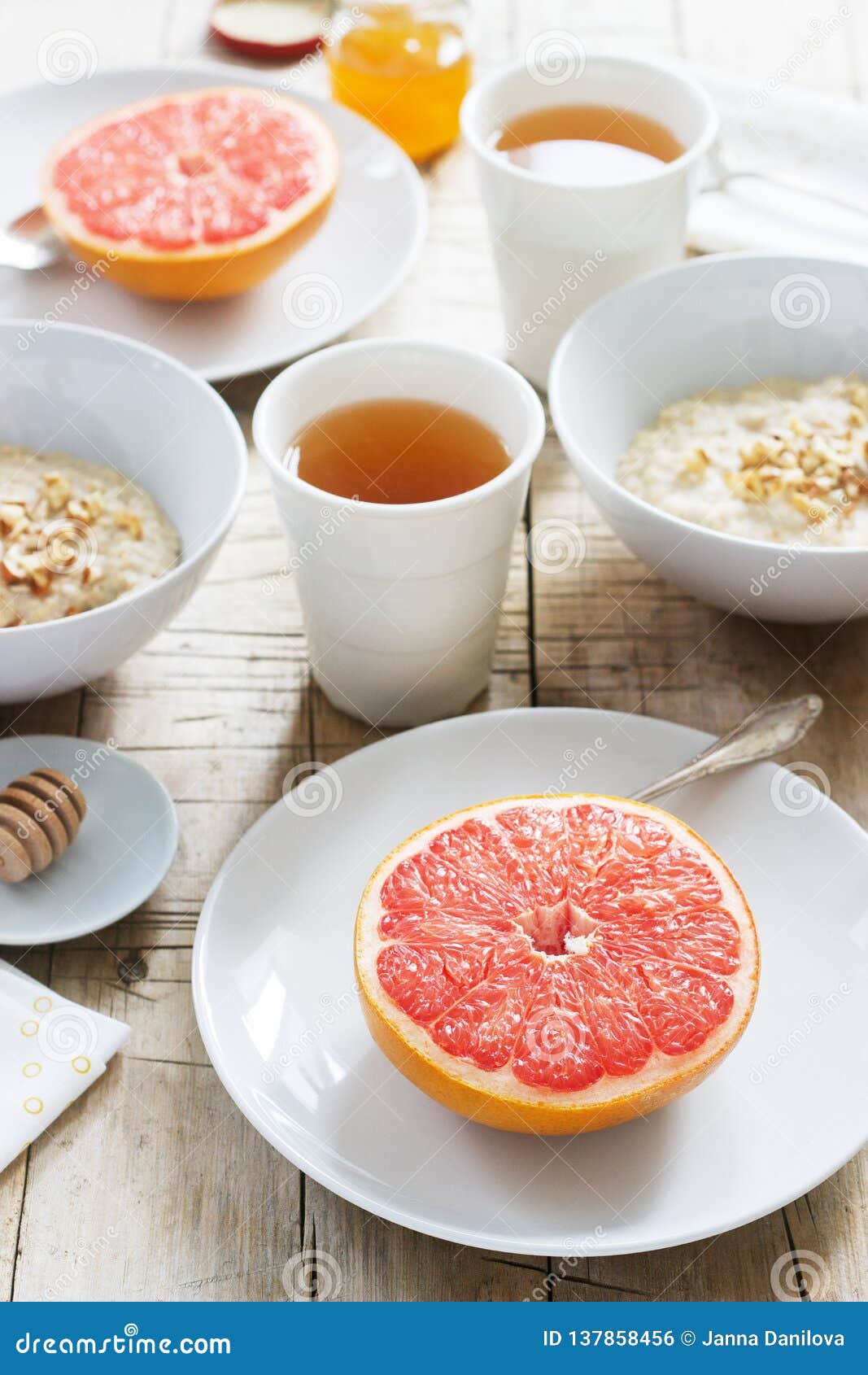 Vegetarian Breakfast for Two of Oatmeal, Baked Grapefruit and Tea ...