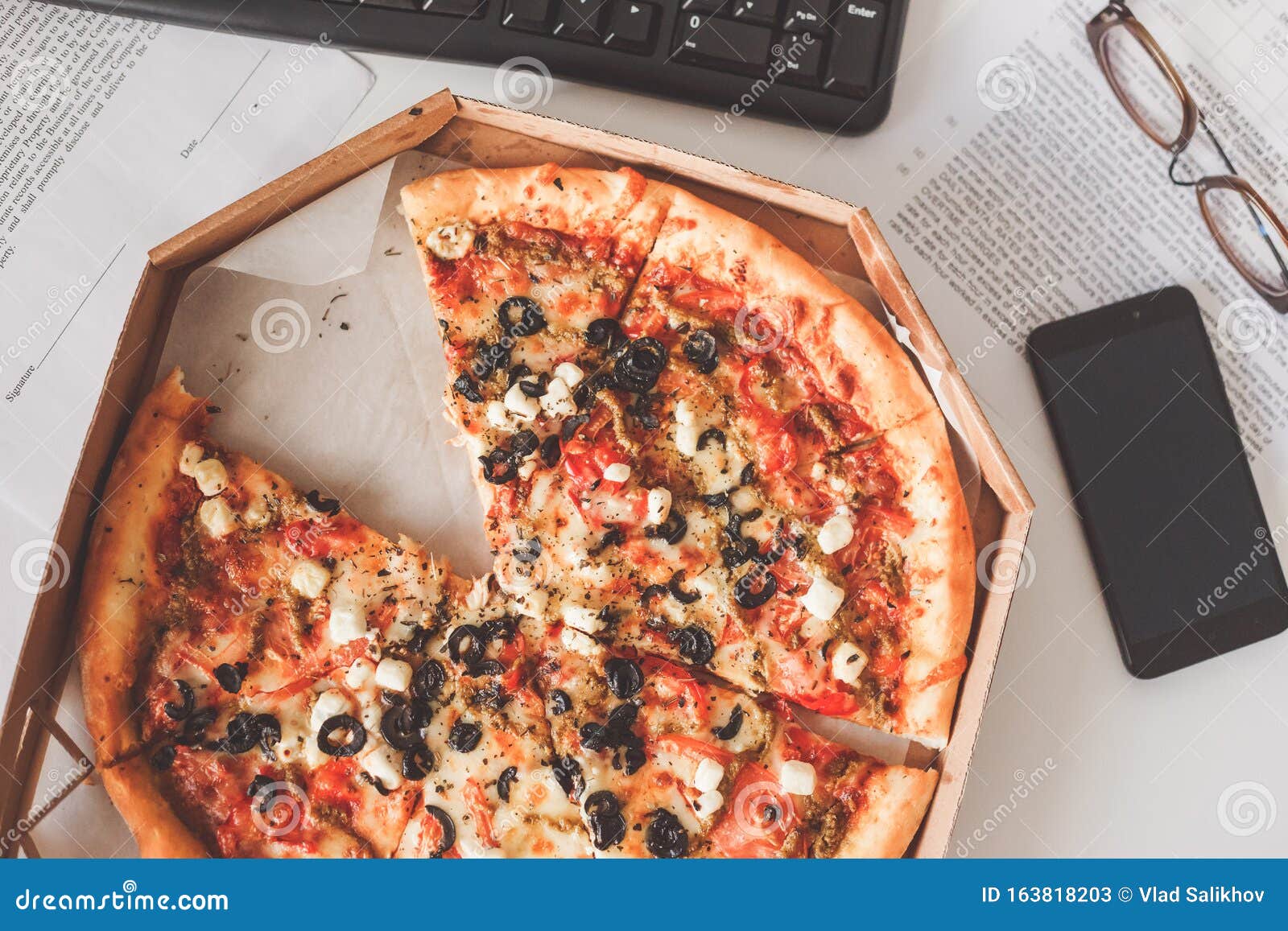 Vegetarian Pizza on Office Table. Business Lunch at Work Stock Image ...