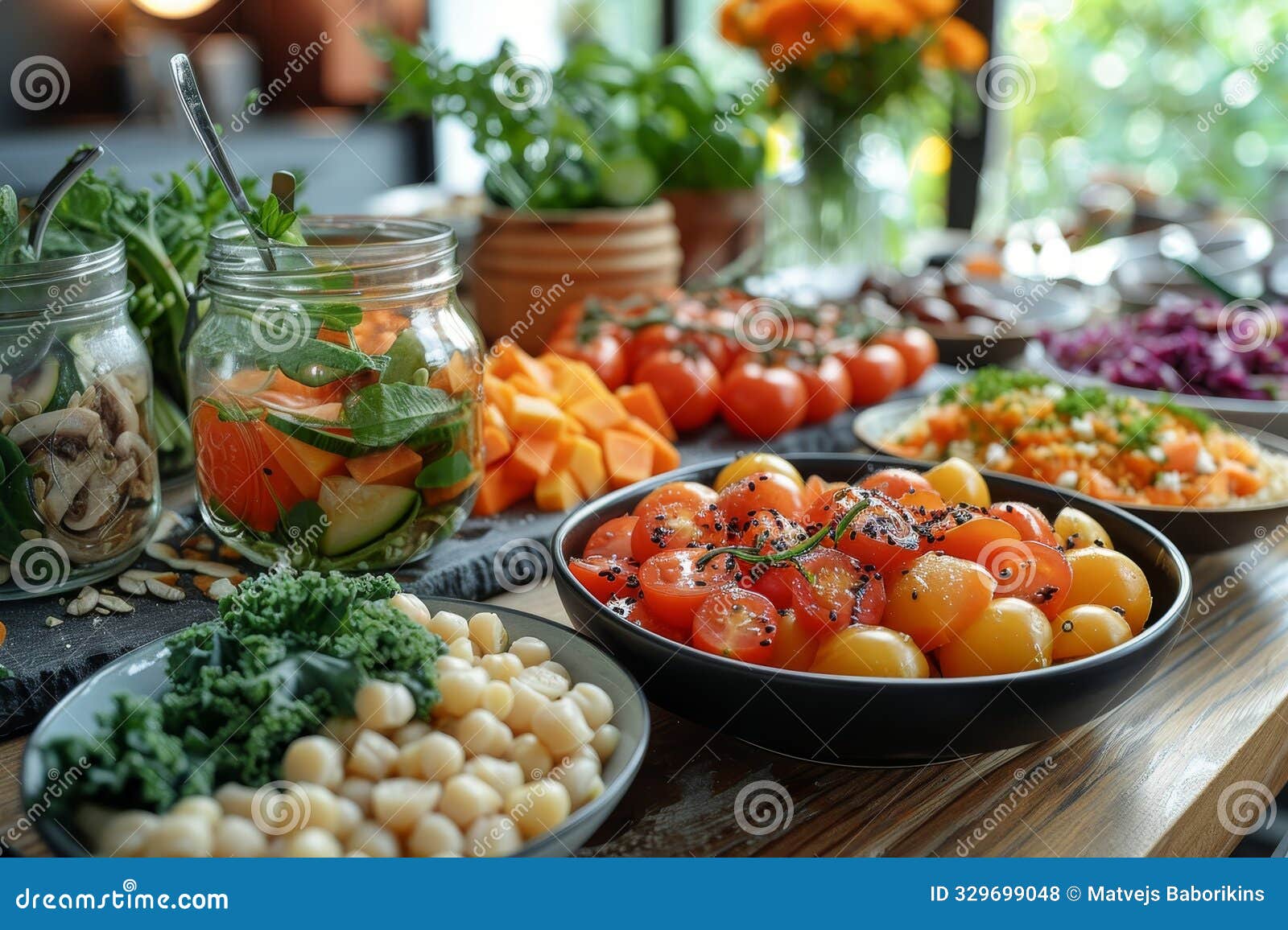 Vegetarian Snack Table Setting with Healthy Dishes and Drinks in ...