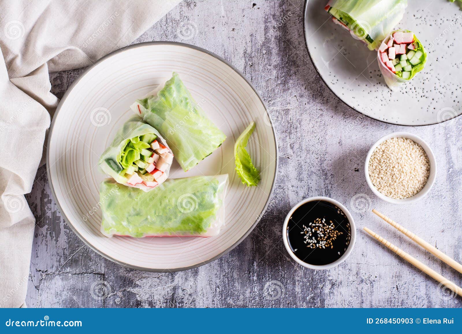 Vegetarian Spring Rolls With Cucumber, Crab Sticks And Lettuce On A ...