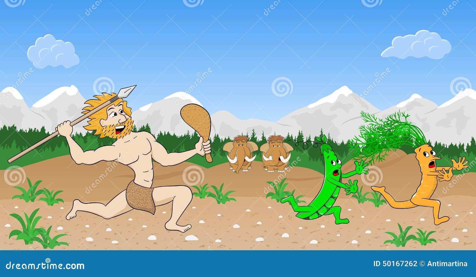 The Caveman Hunts With A Spear And The Caveman Eats The Mined Meat ...