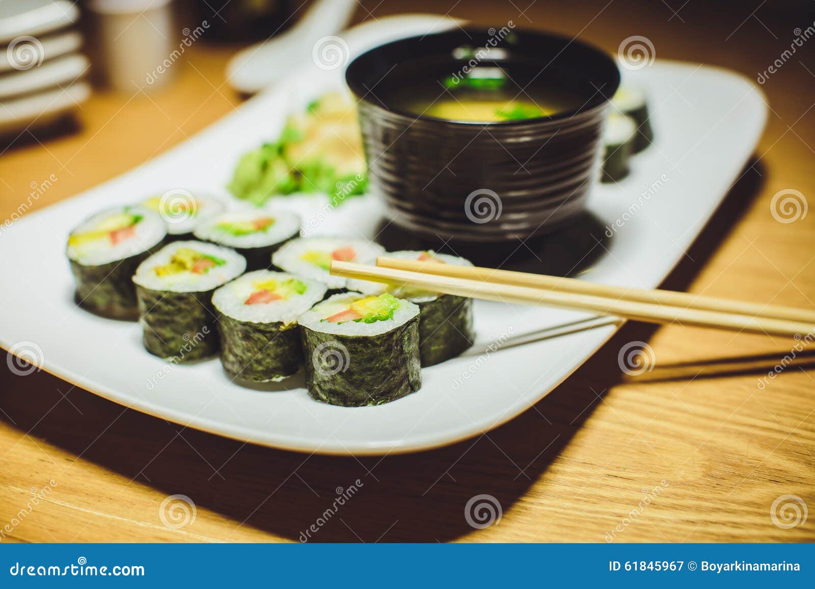 Vegetarian Sushi and Miso Soup in a Restaurant Stock Image - Image of ...