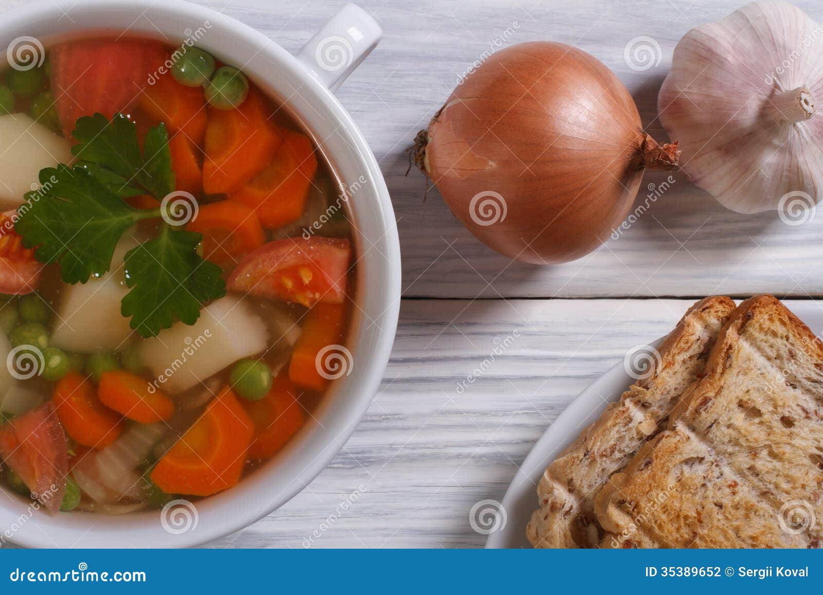 Vegetarian Vegetable Soup with Toasts Stock Photo - Image of delicious ...