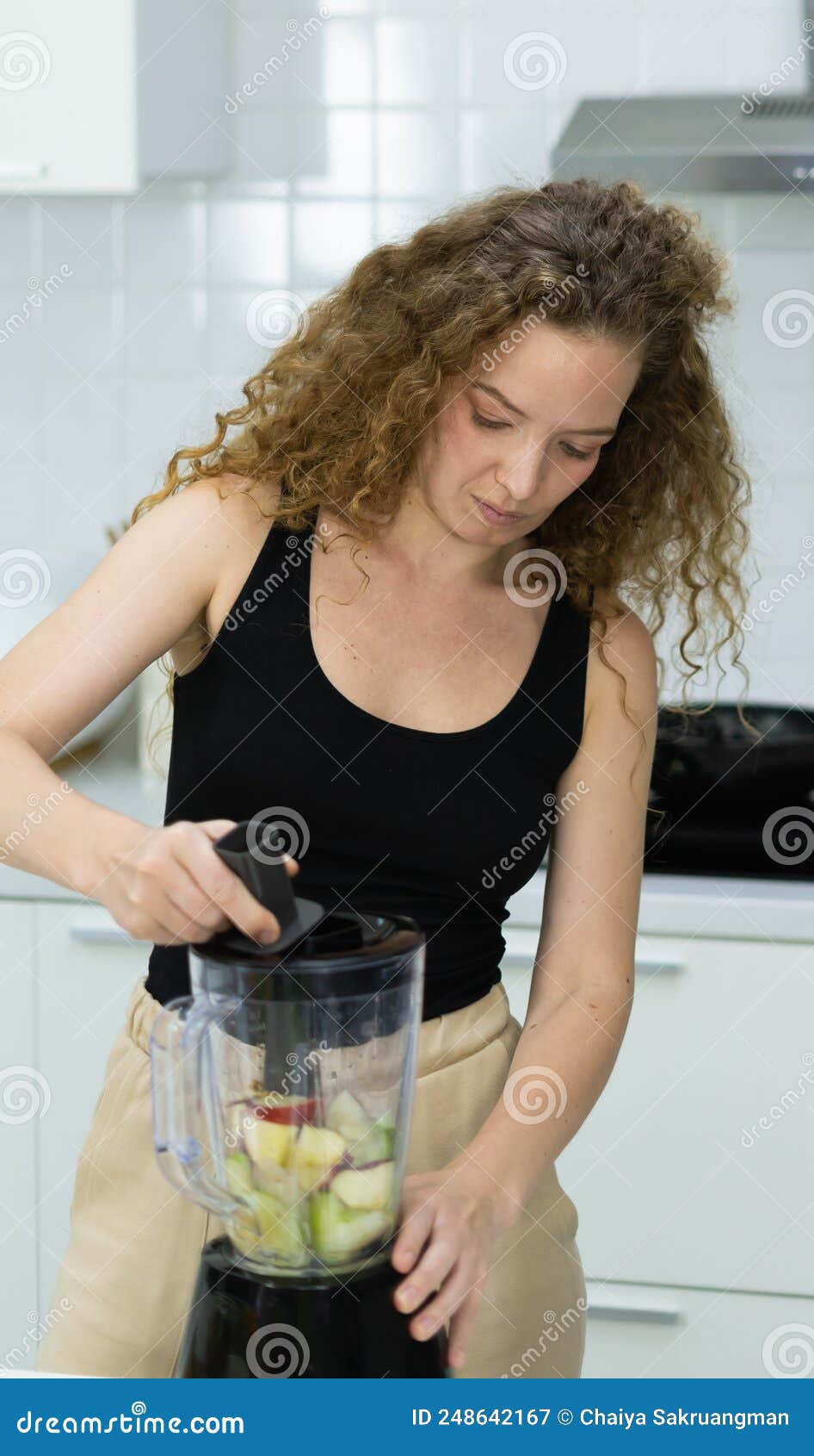 Vegetarian Woman Mixing Fruits In Blender Cooking Healthy Fruit Juice