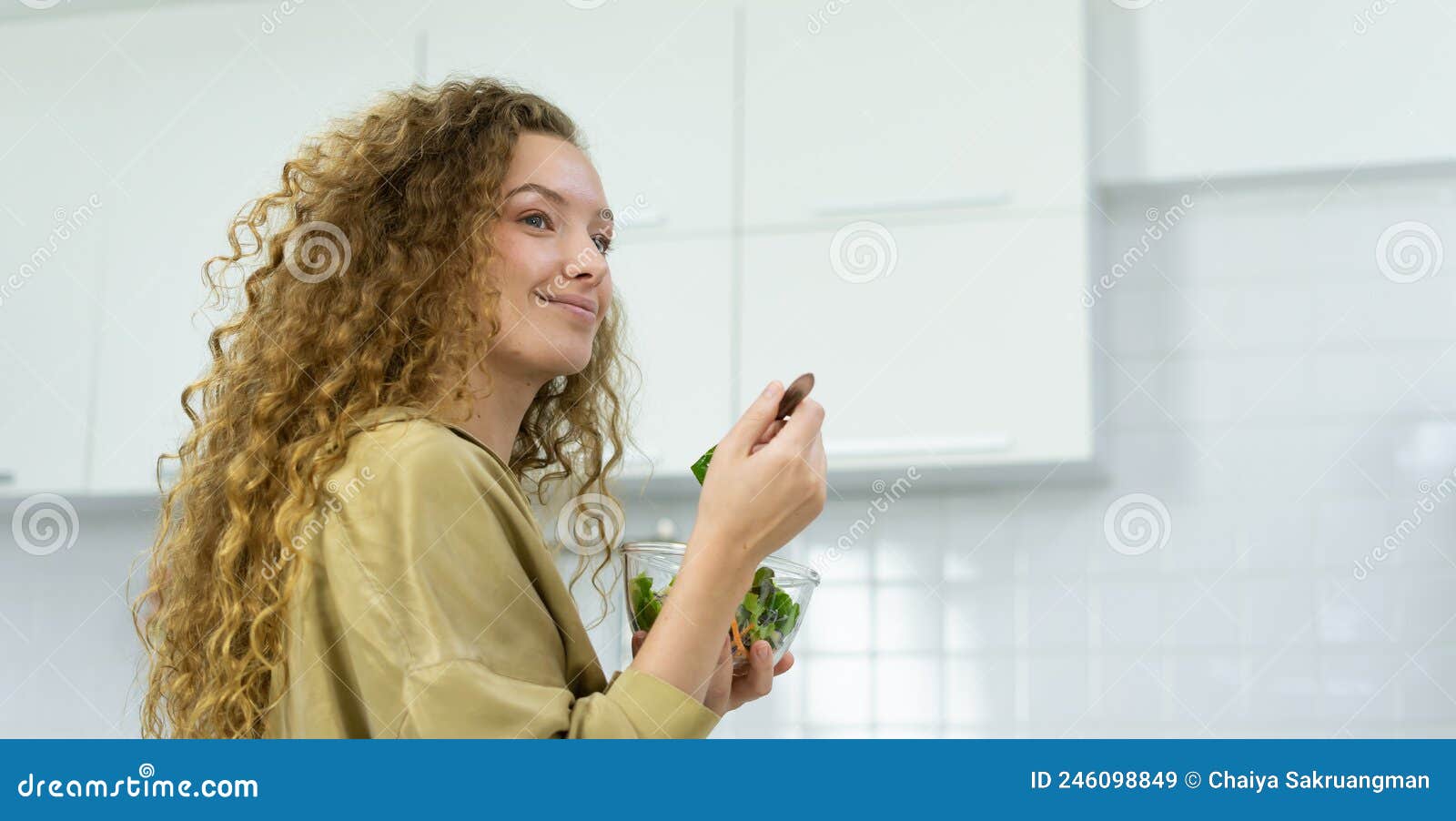 Vegetarian Woman Smile Happy Eat Vegetable Look At Copy Space In