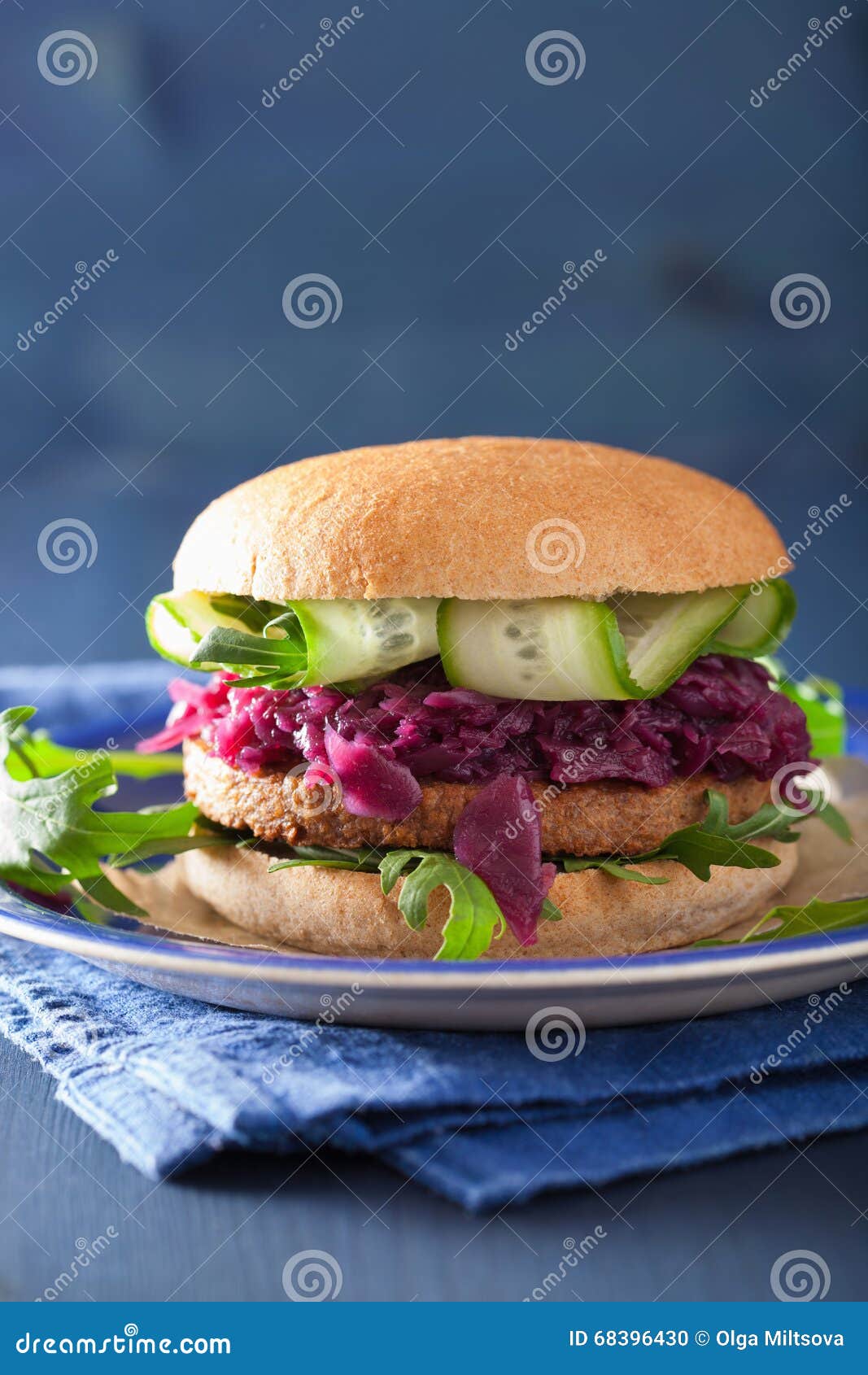 Veggie Soy Burger with Pickled Red Cabbage Cucumber Arugula Stock Photo ...