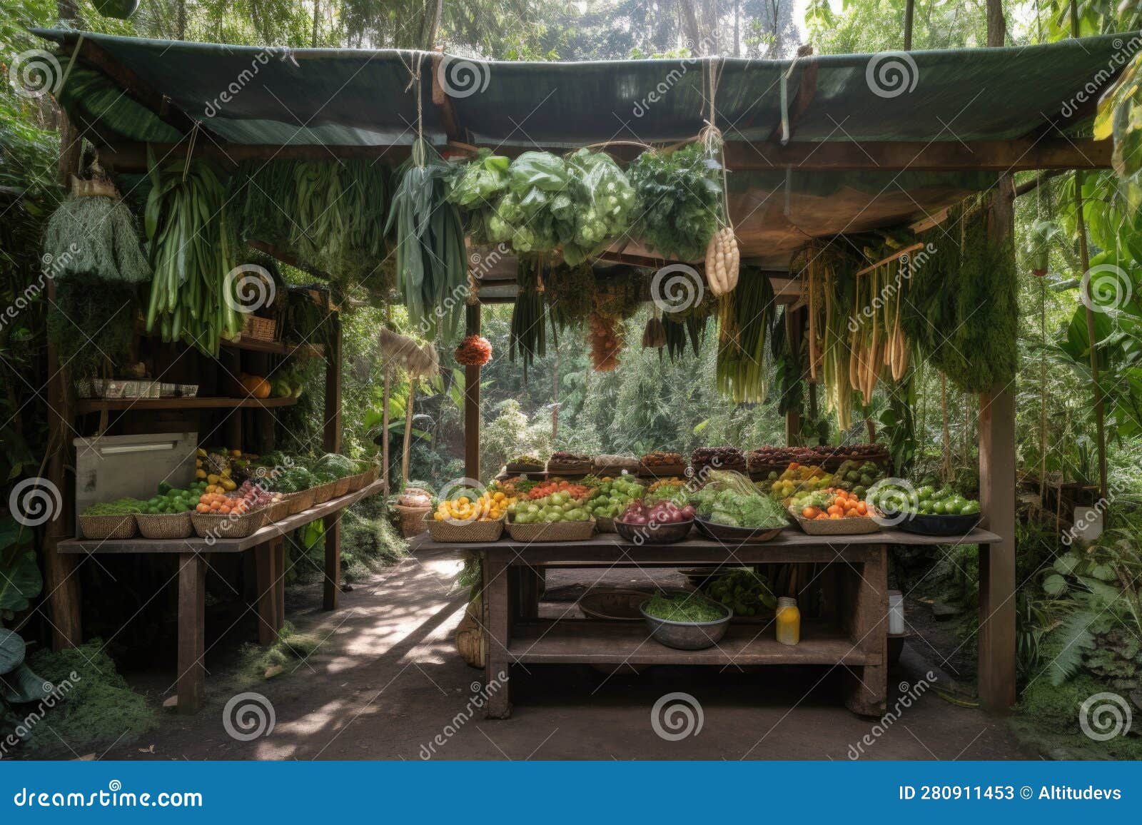 Veggie Stand Surrounded by Lush Greenery, with Fruit Hanging Overhead ...