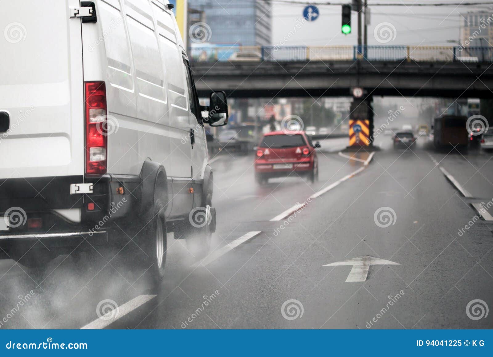 A Vehicle Moving Fast on a Highway in a City during Heavy Rain. Stock ...
