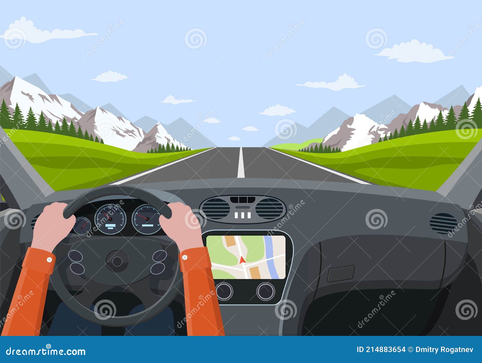 Inside Car Driver View With Rudder, Dashboard Front Panel And Highway ...