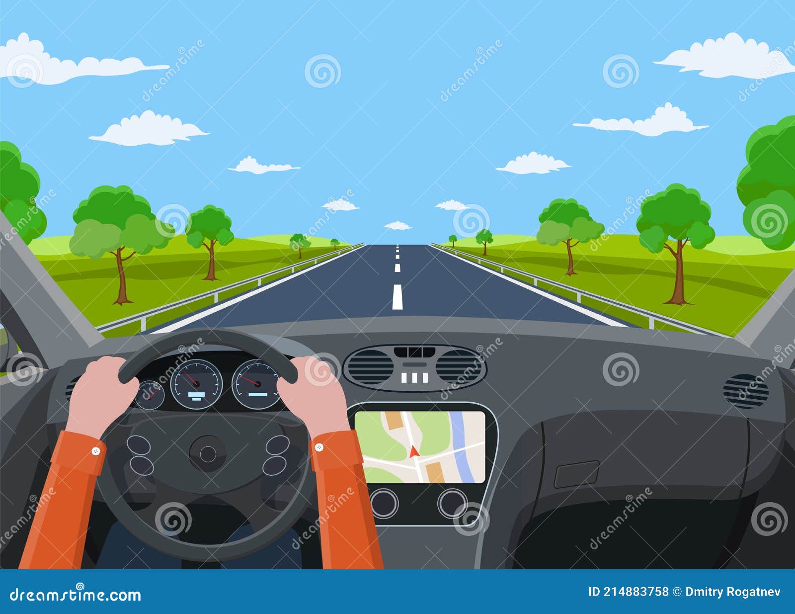 Inside Car Driver View With Rudder, Dashboard Front Panel And Highway ...