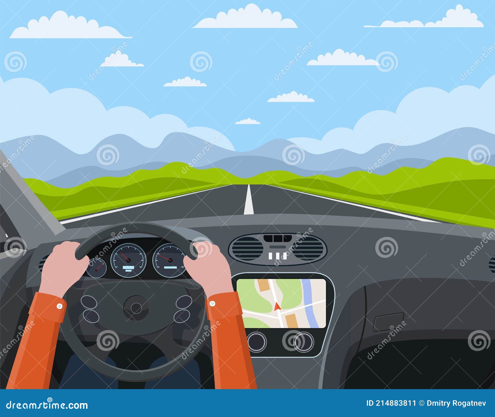 Inside Car Driver View With Rudder, Dashboard Front Panel And Highway ...