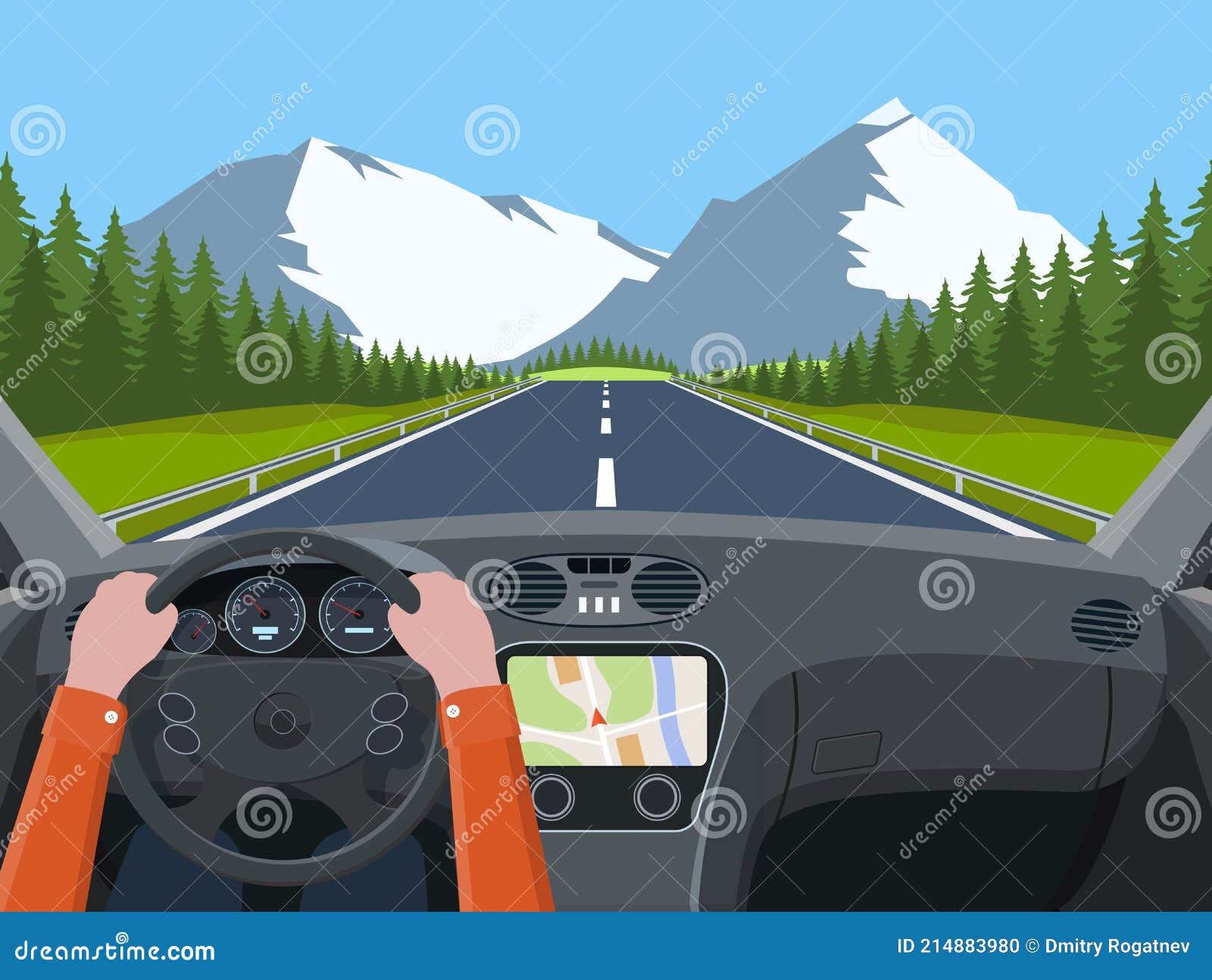 Inside Car Driver View With Rudder, Dashboard Front Panel And Highway ...