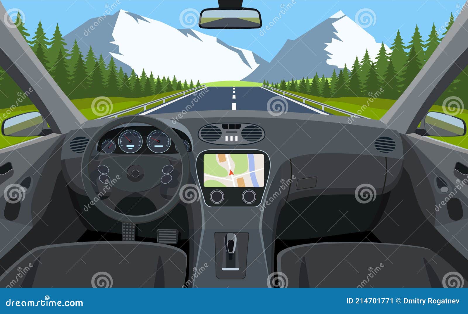 Inside Car Driver View With Rudder, Dashboard Front Panel And Highway ...