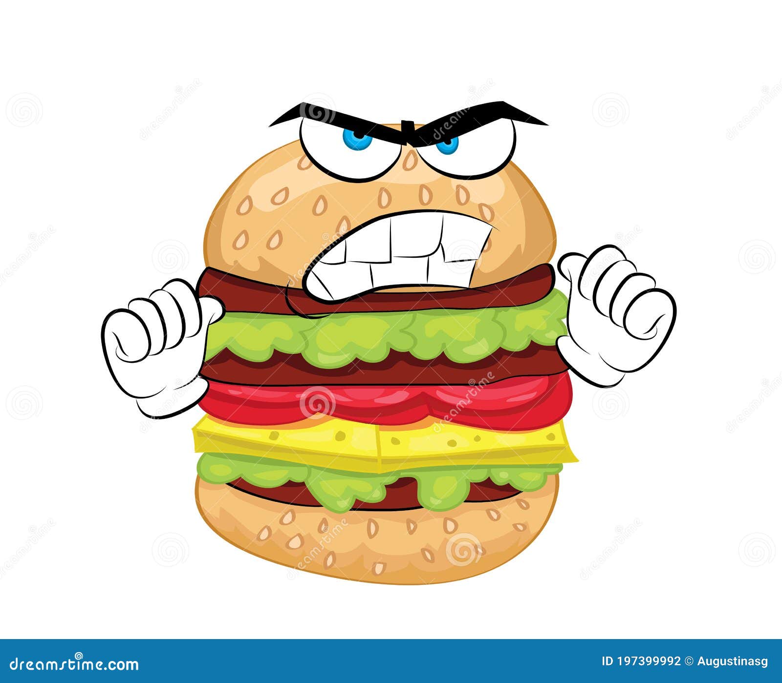 Angry Burger Sandwich, Cute Emoji Sticker On Red Background Vector ...