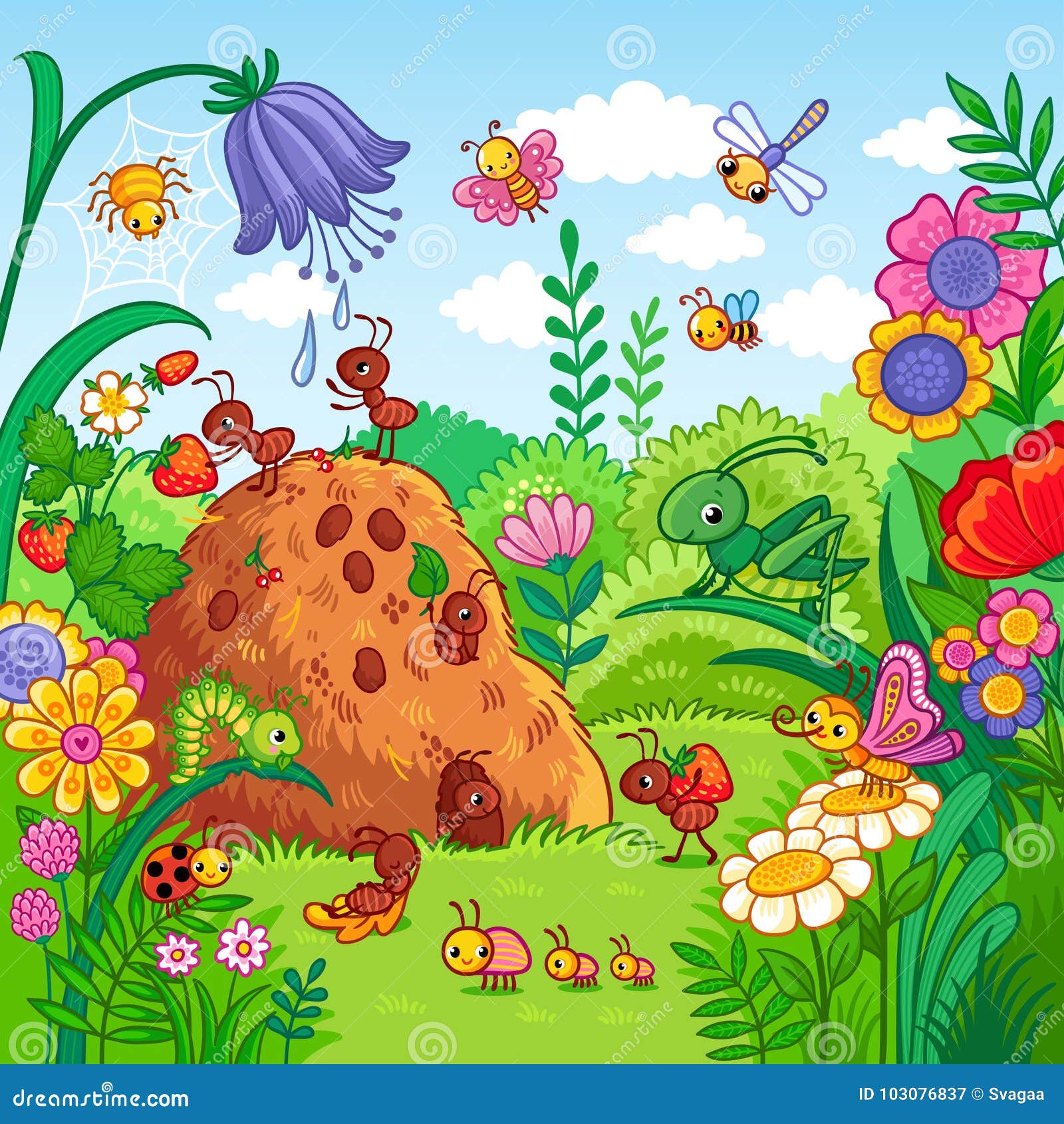 Vektorillustration Med En Myrstack Och Kryp Stock Illustrationer ...