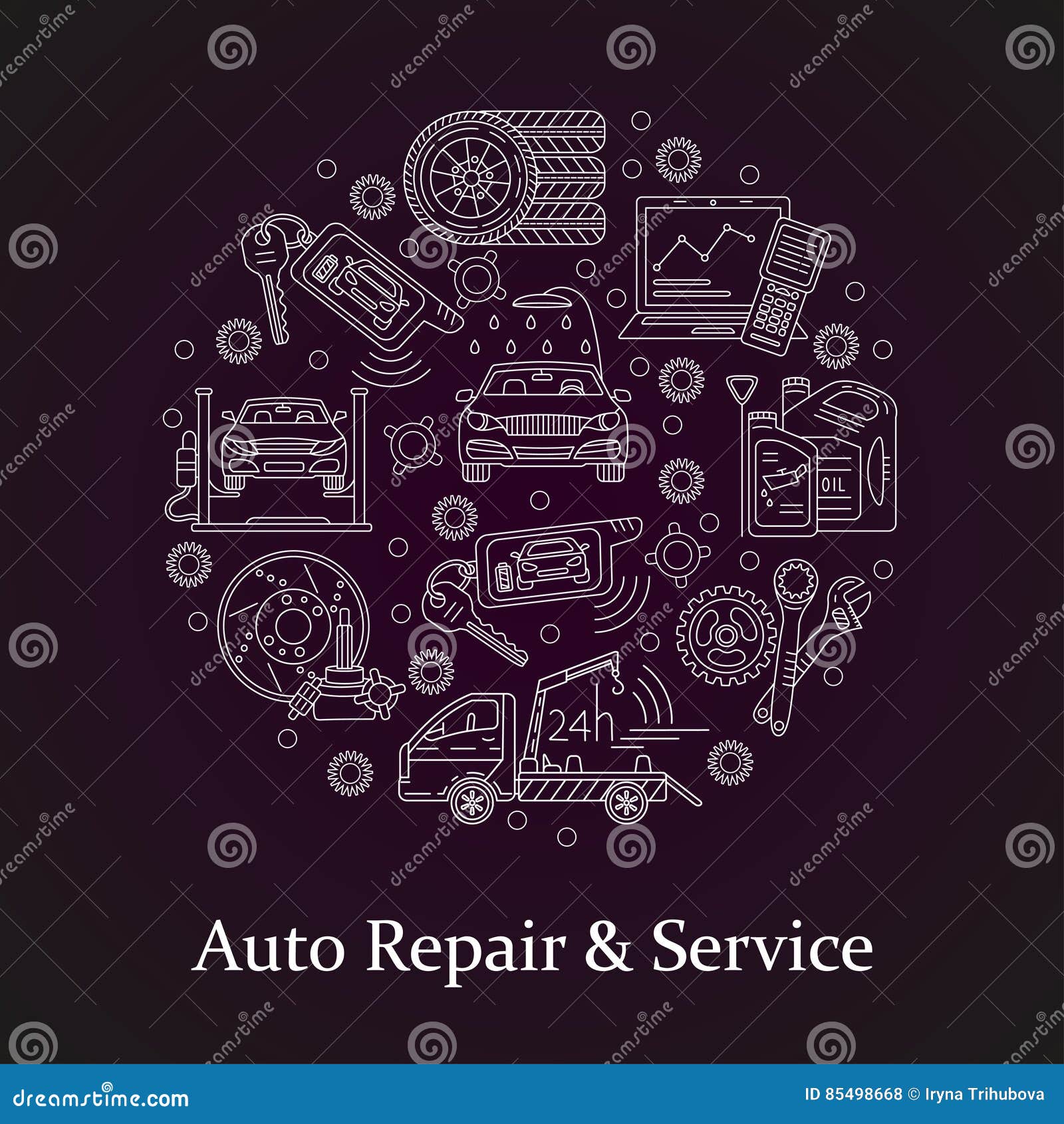 Vektorkort Med Symboler Av Bilservice Vektor Illustrationer ...