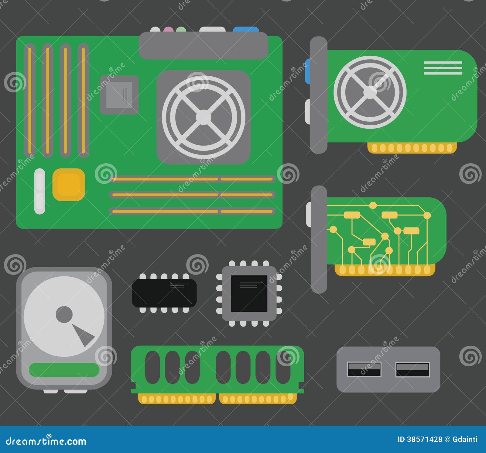 Vektorsammlung Personal-Computerteile: Motherboard, Video Stock ...