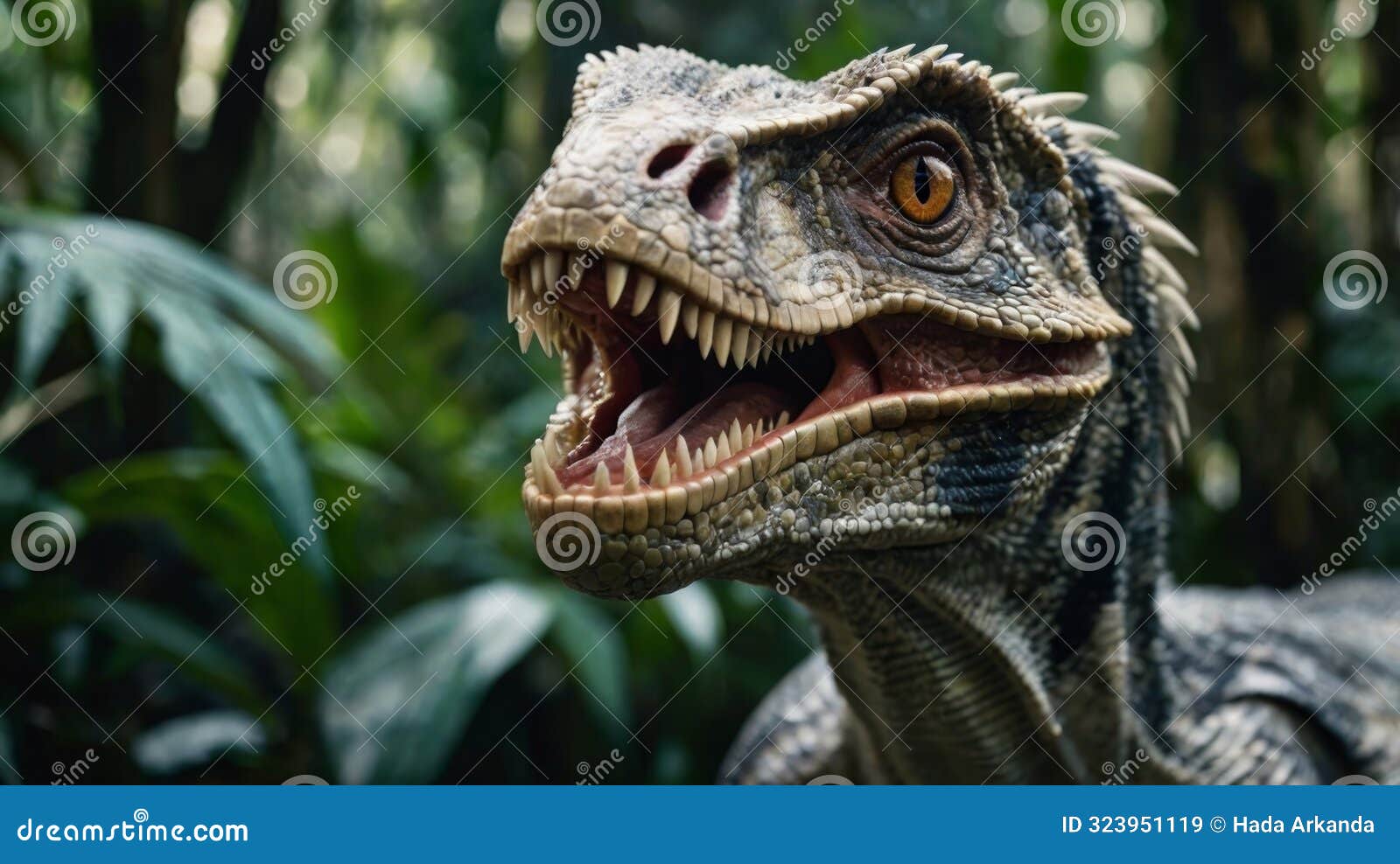 A Velociraptor in a Dense Jungle, Focusing on Sharp Teeth and Piercing ...
