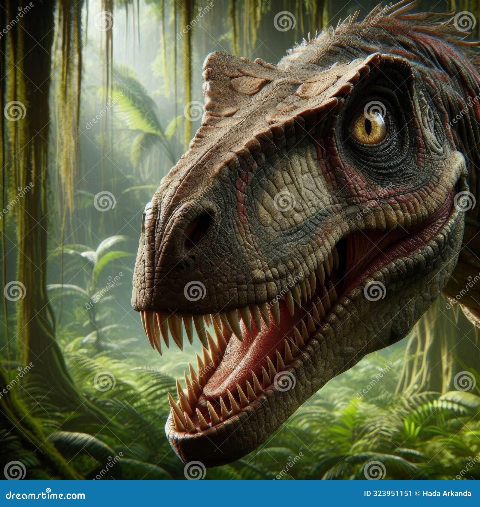 A Velociraptor In A Dense Jungle, Focusing On Sharp Teeth And Piercing ...