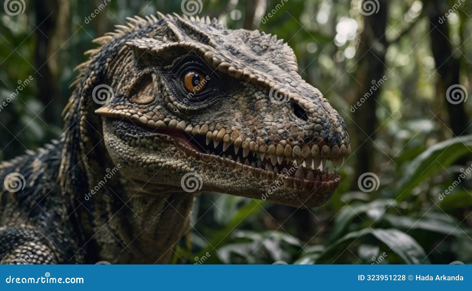A Velociraptor in a Dense Jungle, Focusing on Sharp Teeth and Piercing ...
