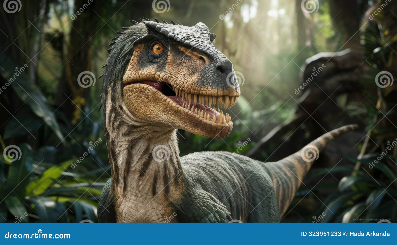 A Velociraptor in a Dense Jungle, Focusing on Sharp Teeth and Piercing ...