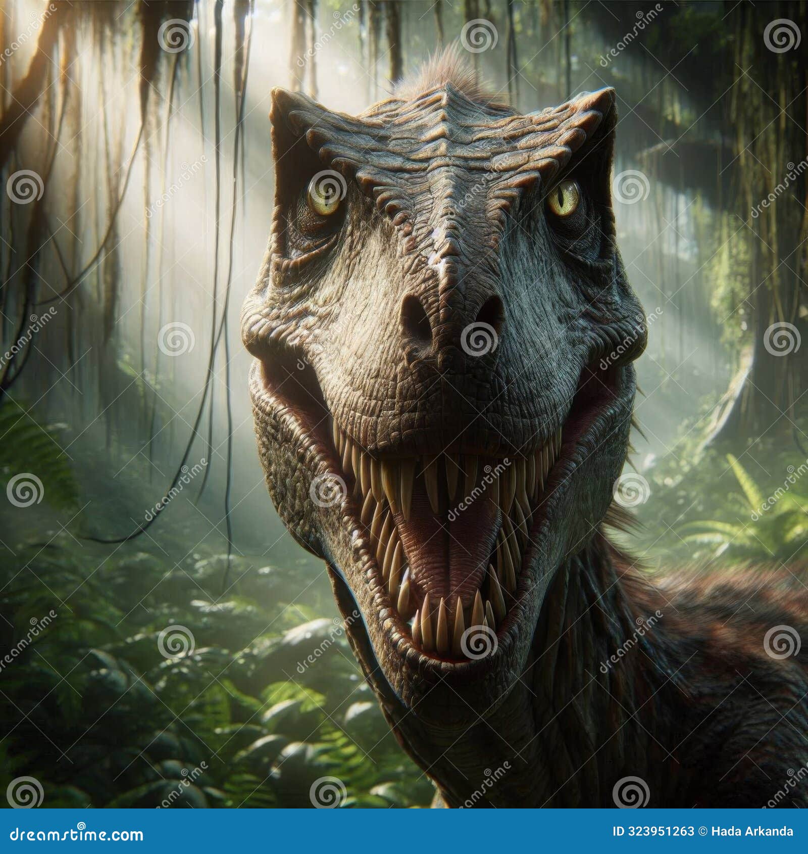 A Velociraptor in a Dense Jungle, Focusing on Sharp Teeth and Piercing ...
