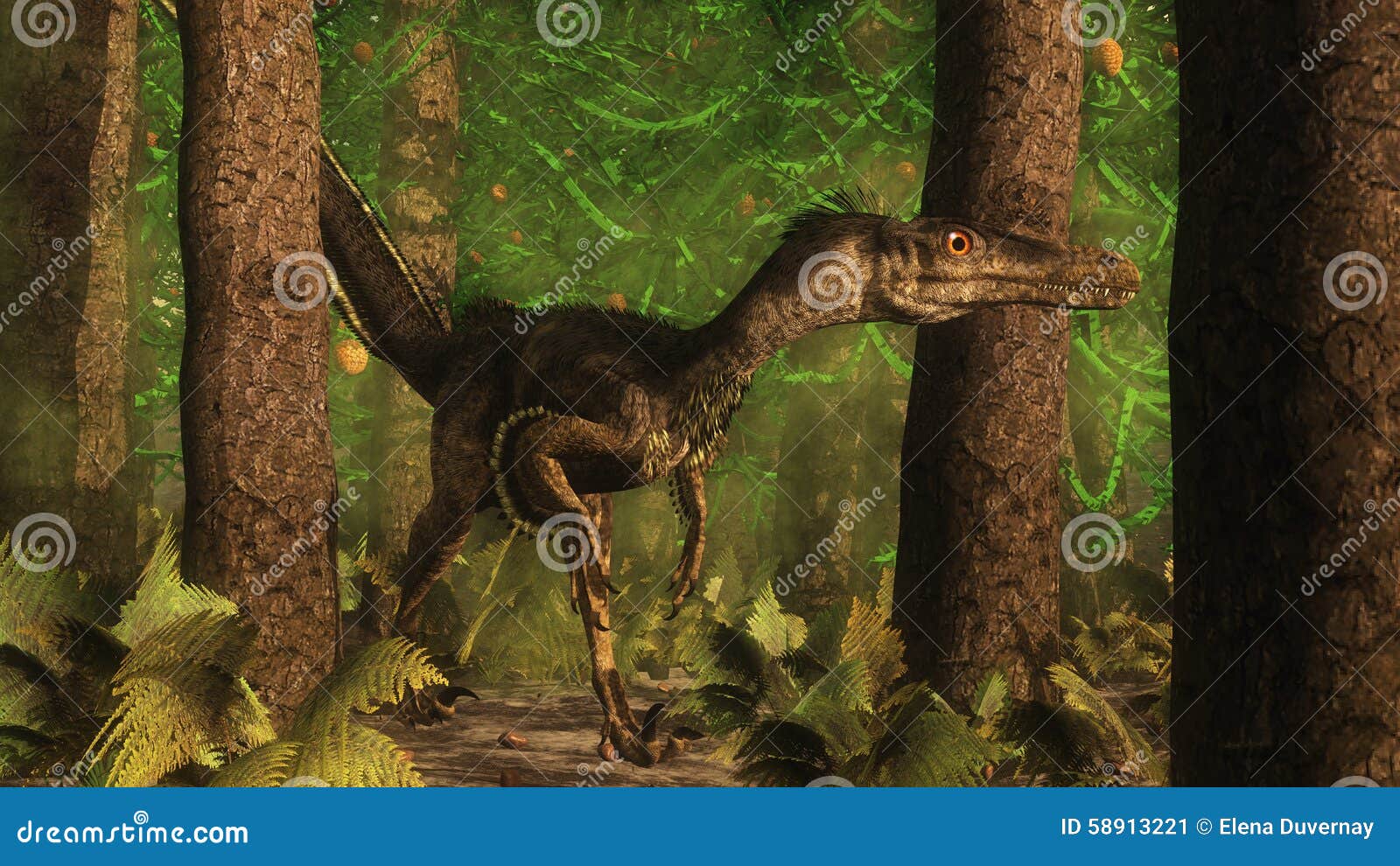 Velociraptor Dinosaur in the Forest - 3D Render Stock Illustration ...