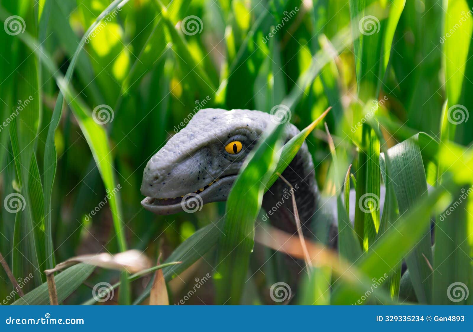Green Velociraptor Dinosaur Walking On Rail Railroad Tracks Stock ...