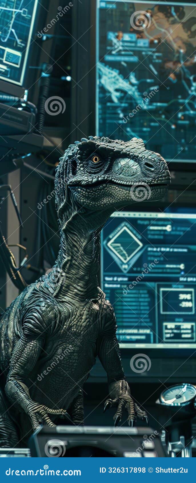A Velociraptor in a Lab Setting Surrounded by Gadgets and Screens ...