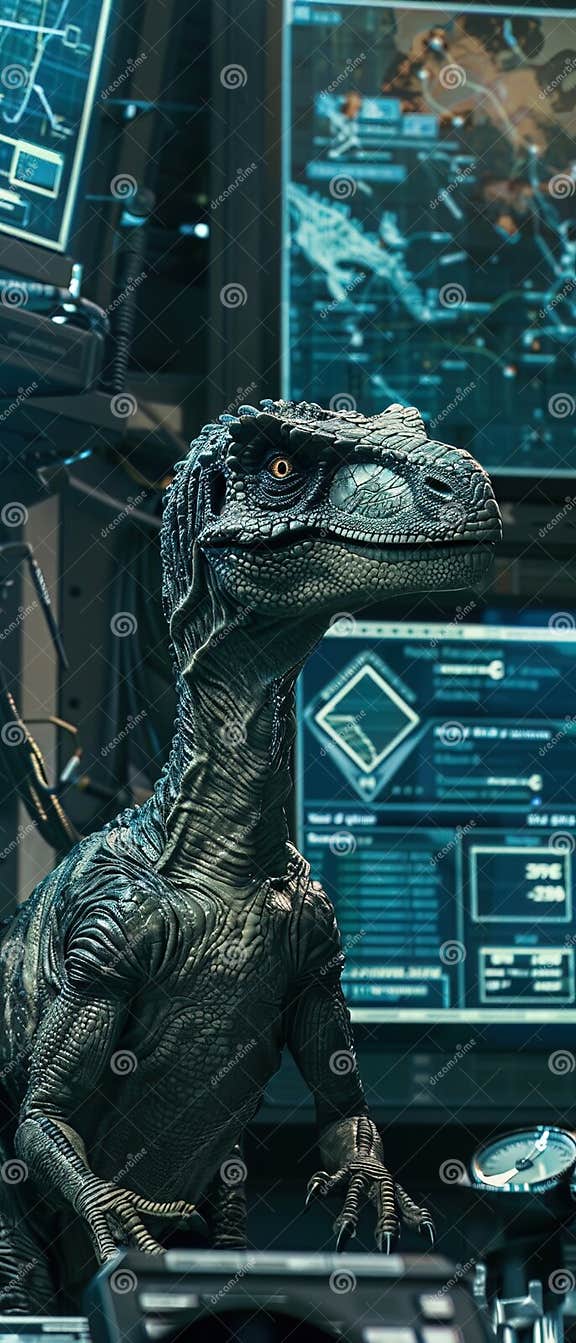 A Velociraptor in a Lab Setting Surrounded by Gadgets and Screens ...