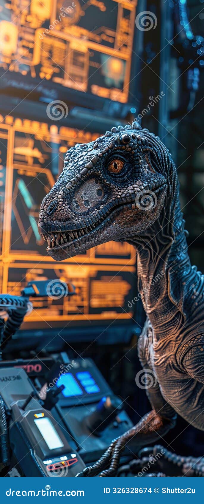 A Velociraptor in a Lab Setting Surrounded by Gadgets and Screens ...