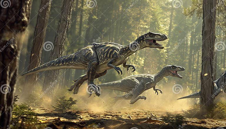 Velociraptor Pack on the Hunt, Displaying Their Agility and ...