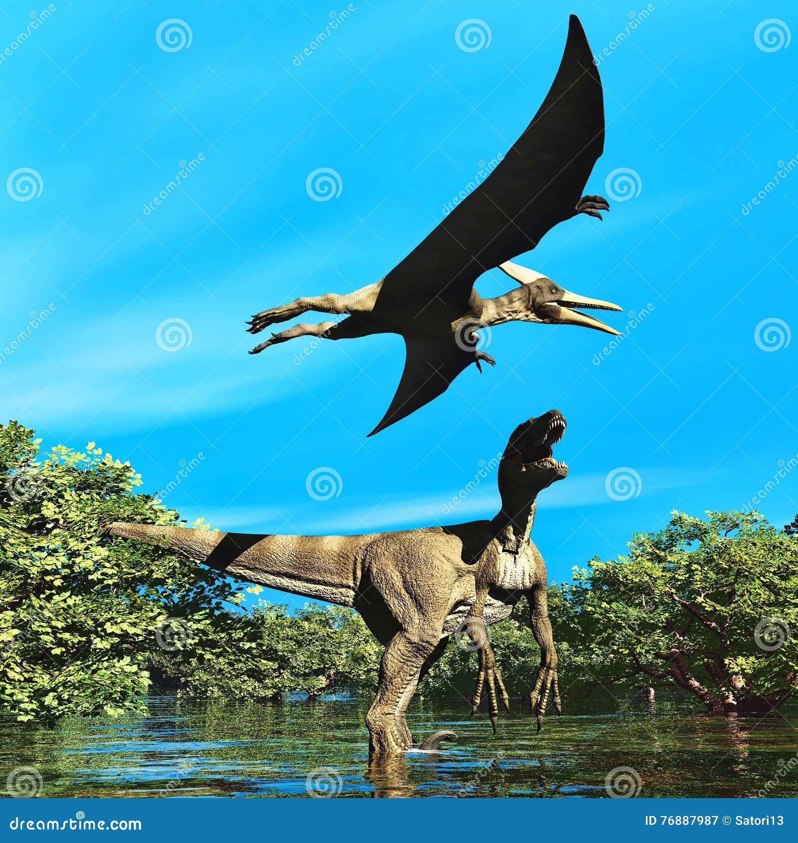 Velociraptor and Pterodactyl 3d Rendering Stock Illustration ...